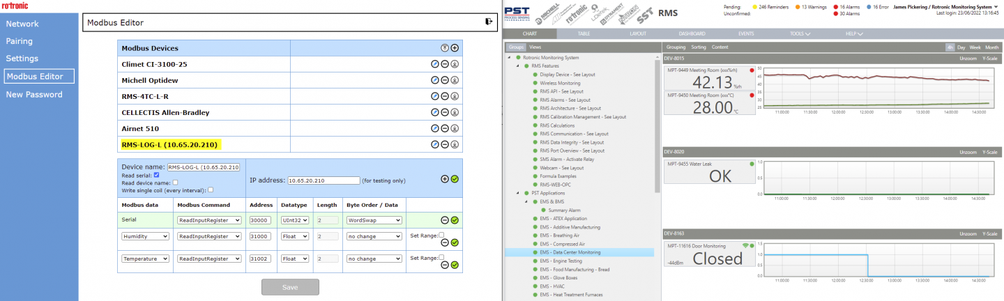 Read out an RMS-LOG-L via MODBUS TCP and the RMS-CONVERTER-100 - Rotronic